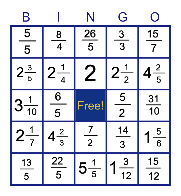Improper Fraction & Mixed Numbers Bingo Card