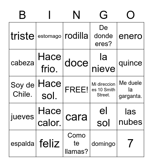 Spanish Bingo Card