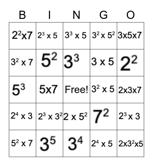 Prime Factorization Bingo Card