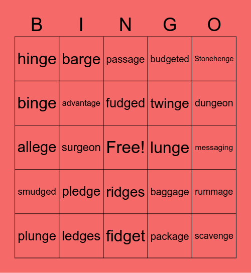 Soft G (dge, age, ge) Bingo Card
