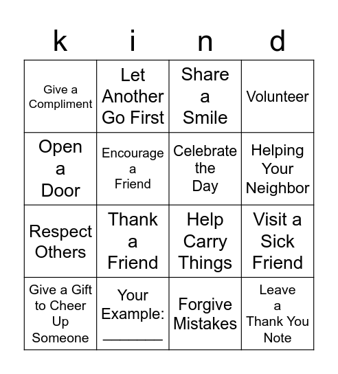 Random Acts of Kindness Bingo Card