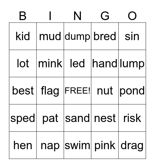 Closed Syllables and Consonant Blends Bingo Card