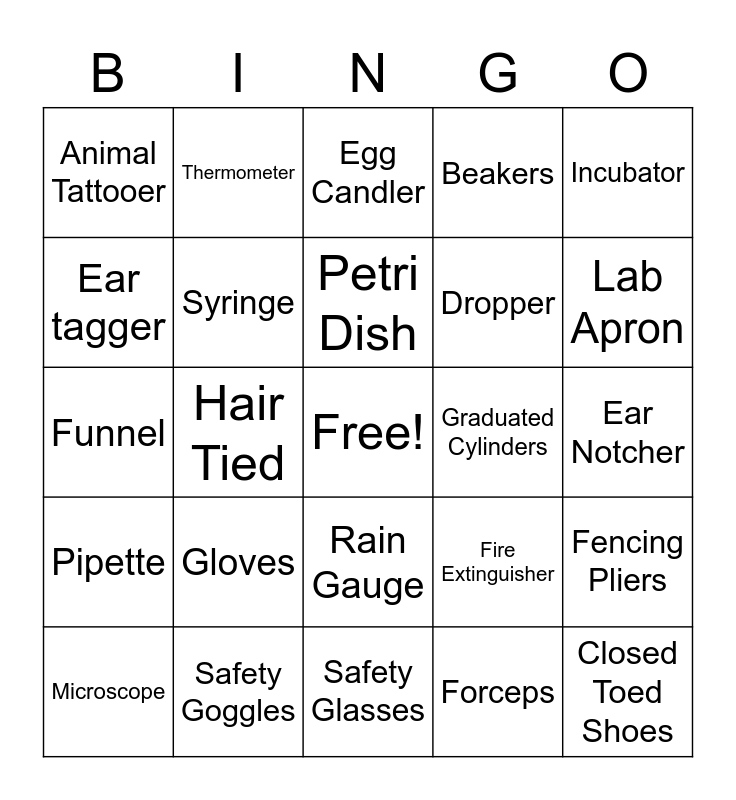 Lab. Tools/Safety Bingo Card