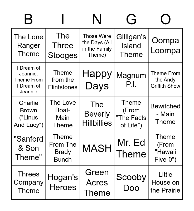 TV Show Theme Songs Bingo Card TV Show Theme Songs Bingo Card
