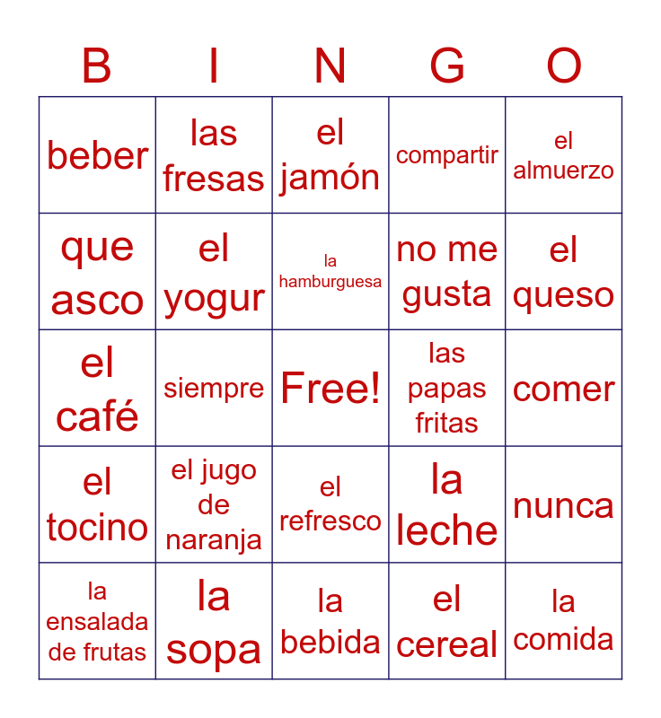 Autentico1 - 3A - La comida Bingo Card