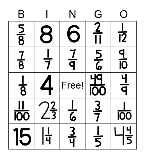 Multiplying Fractions Bingo Card
