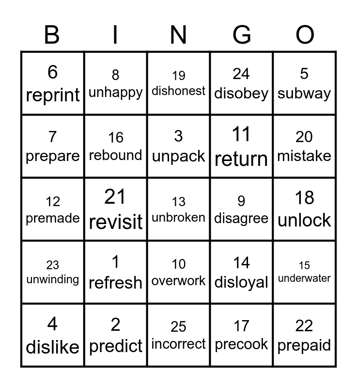 Prefix Bingo! Bingo Card