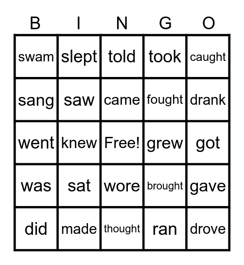 Irregular Verb Bingo Card
