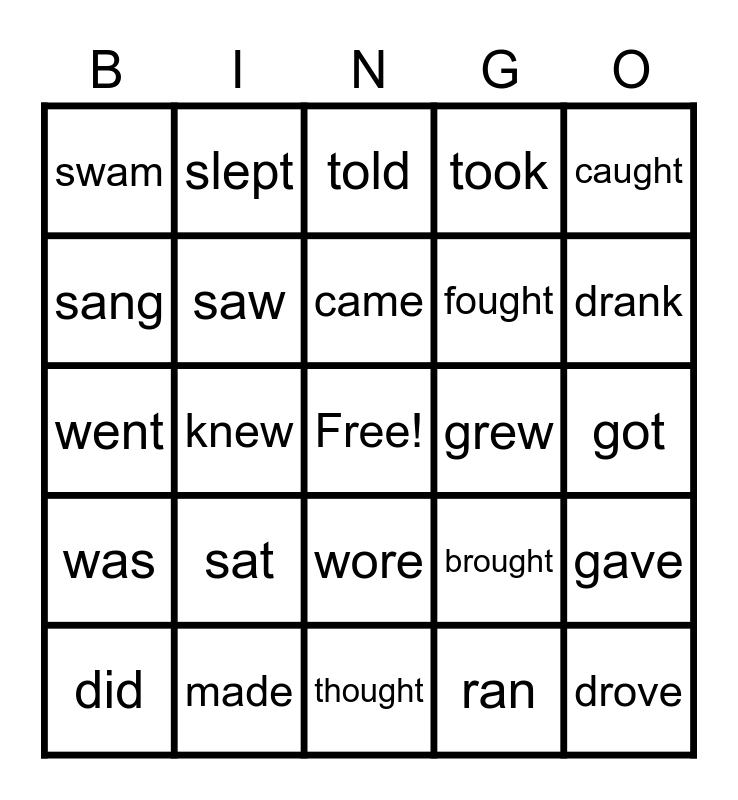 Irregular Verb Bingo Card