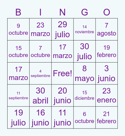 Mi cumpleaños es ____ de _______ Bingo Card