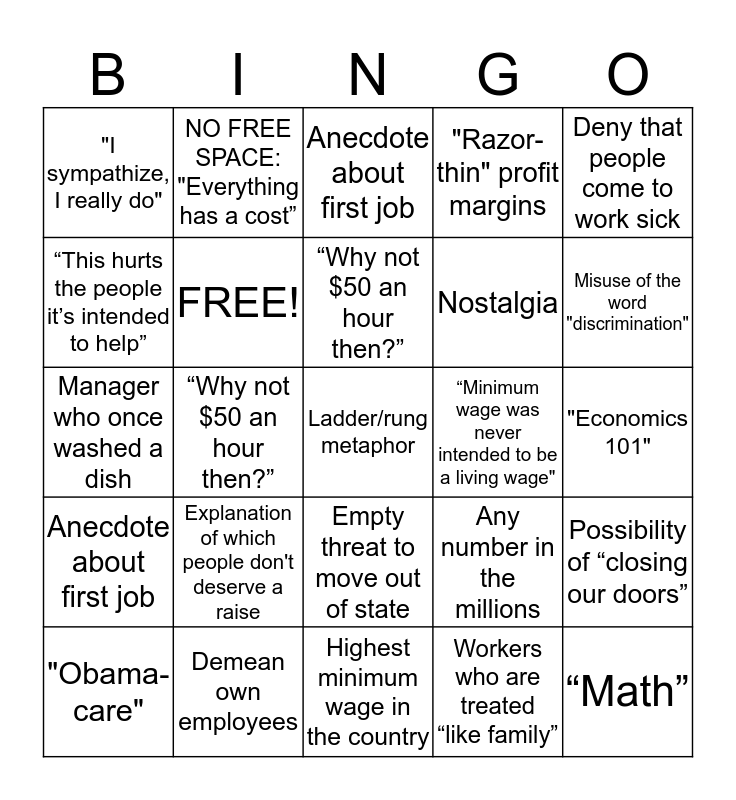 Business Lobby Group Minimum Wage & Paid Sick Days BINGO! Bingo Card