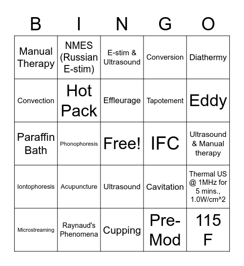 Therapeutic Modalities Bingo Card