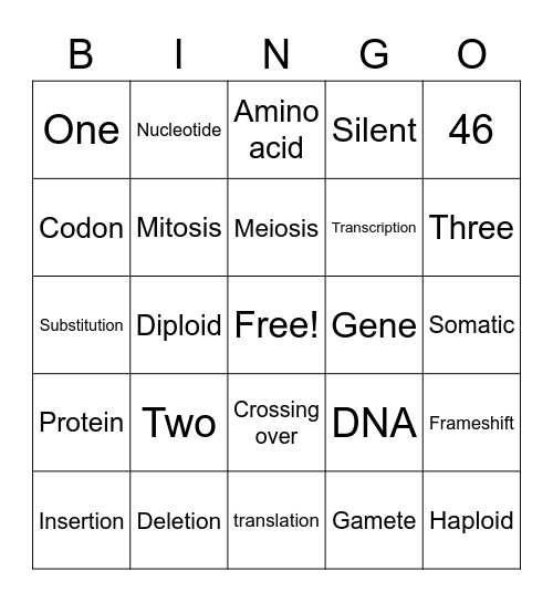 Mitosis, Meiosis, and Mutations Bingo Card