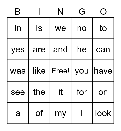 Kindergarten Sight Word Bingo Card