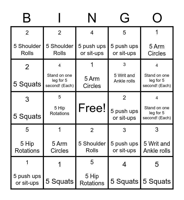 Phys Ed Bingo - Stretch and Workout! Bingo Card