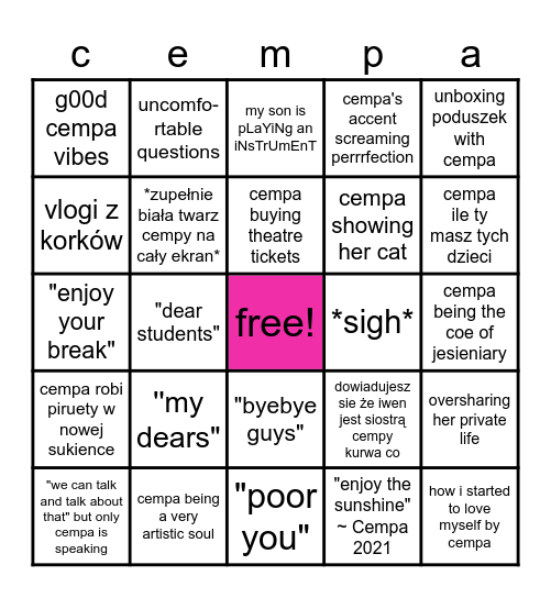 intense cempa bingo Card
