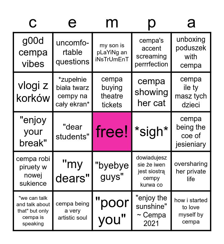 intense cempa bingo Card