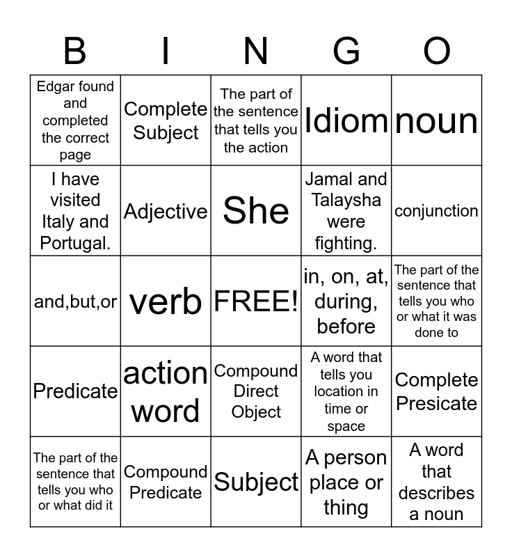 Parts of Speech Bingo Card