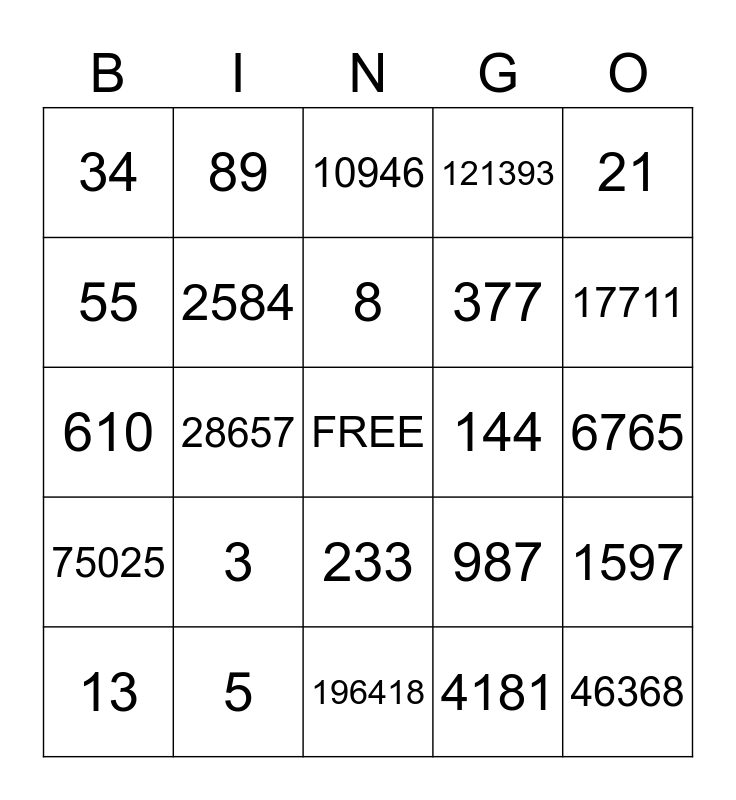 Fibonacci Sequence Bingo Card