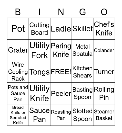 Cooking Tools Bingo Card