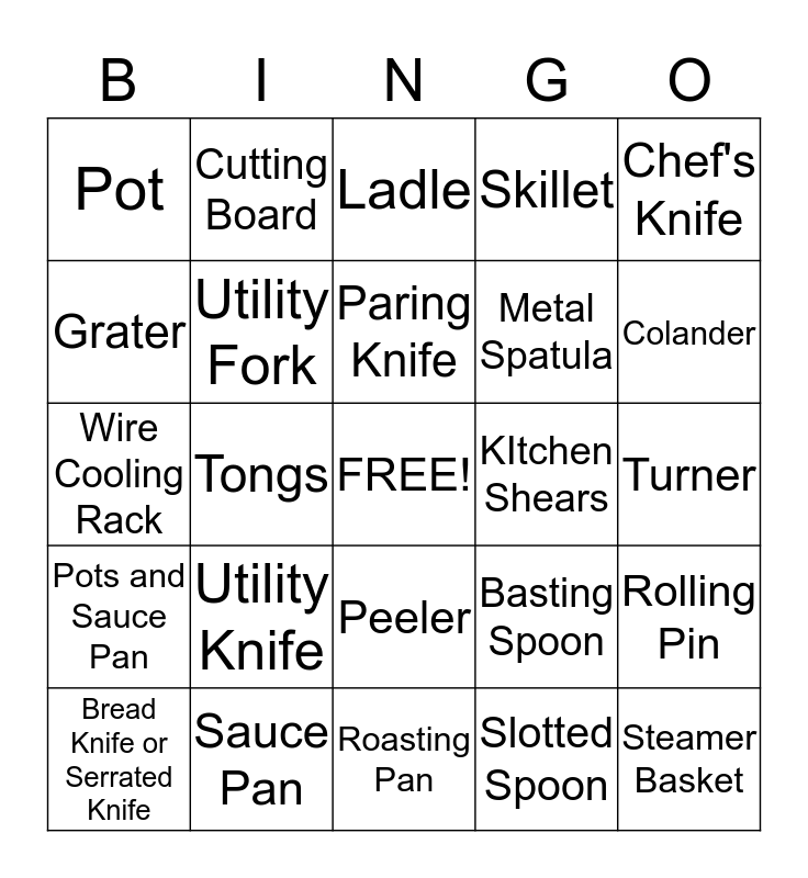 Cooking Tools Bingo Card