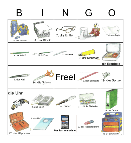 Schulsachen Bingo Card