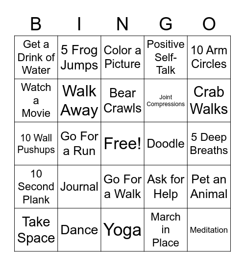 Self-Regulation Bingo Card