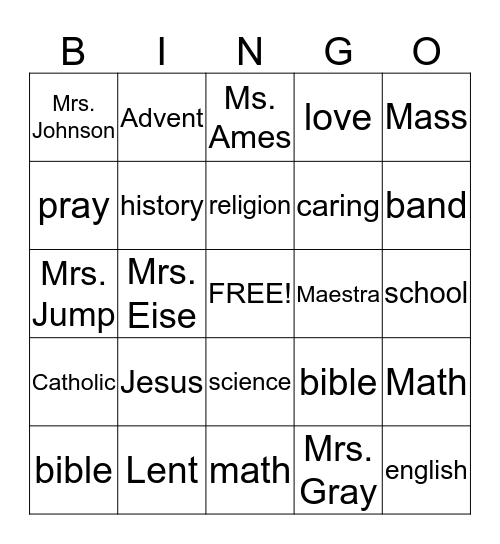 Catholic Schools Bingo Card