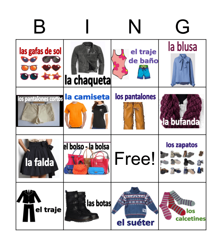 La Ropa/Clothing Bingo Card