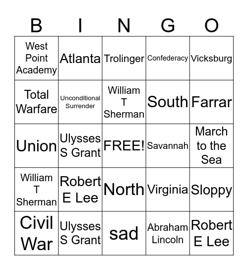 Figures of Civil War Bingo Card