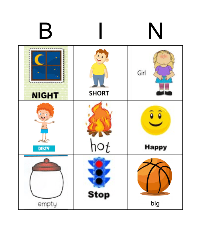 opposites! Bingo Card