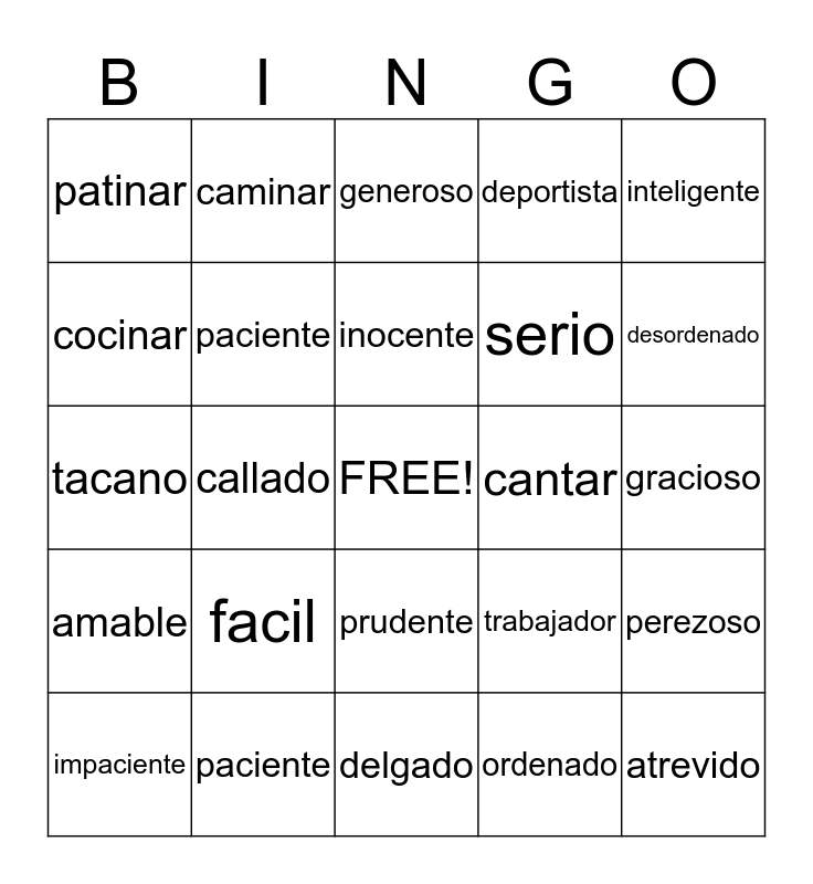 5th Grade Spanish vocabulary Bingo Card