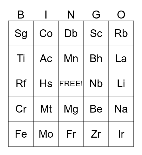 Element Bingo Card