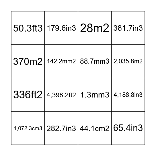 Surface Area & Volume Bingo Card