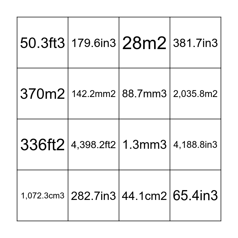 Surface Area & Volume Bingo Card