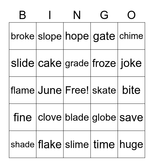 Silent E words Bingo Card