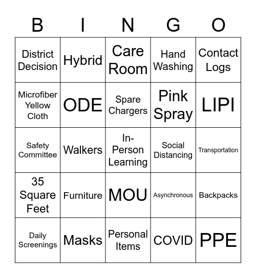 Return to Learn Staff Training Bingo Card