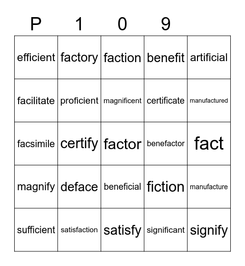 P109 Bingo Card