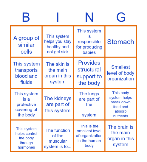 Body Systems Bingo Card Body Systems Bingo Card