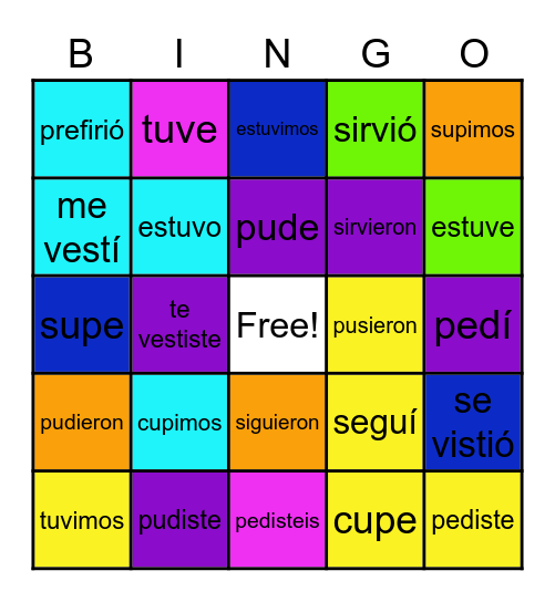 "U" verbs in the Preterite & Irregular IR stem changers Bingo Card