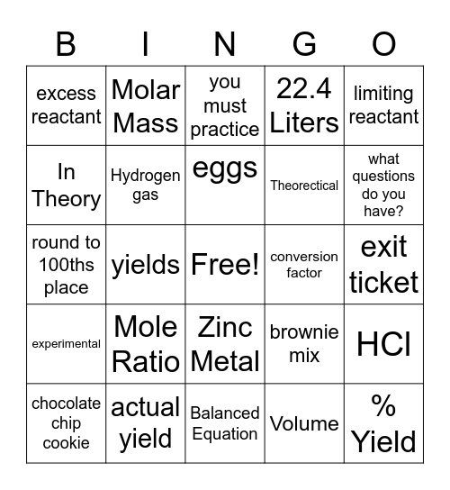 Day 40 Limiting Reactants Yield Bingo Card Day 40 Limiting Reactants Yield Bingo Card