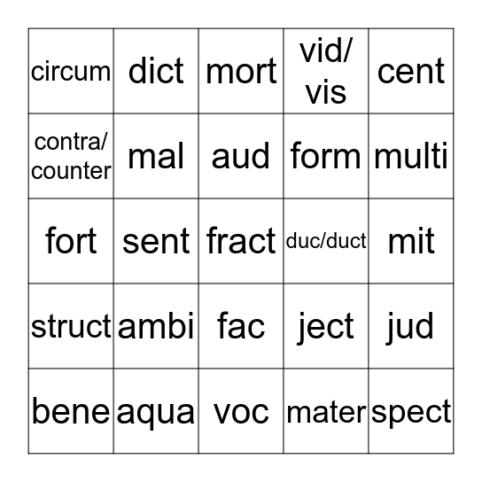Latin Root Word Bingo Card