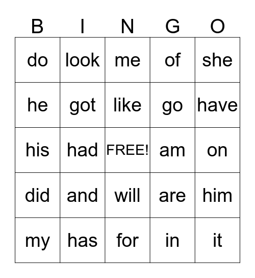 Sight Word Bingo Card