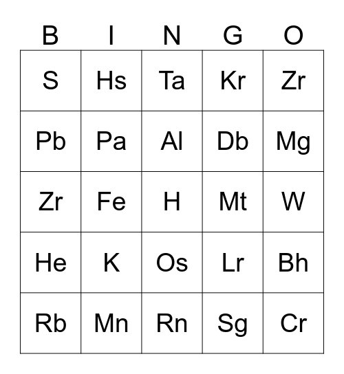 Element Bingo Card