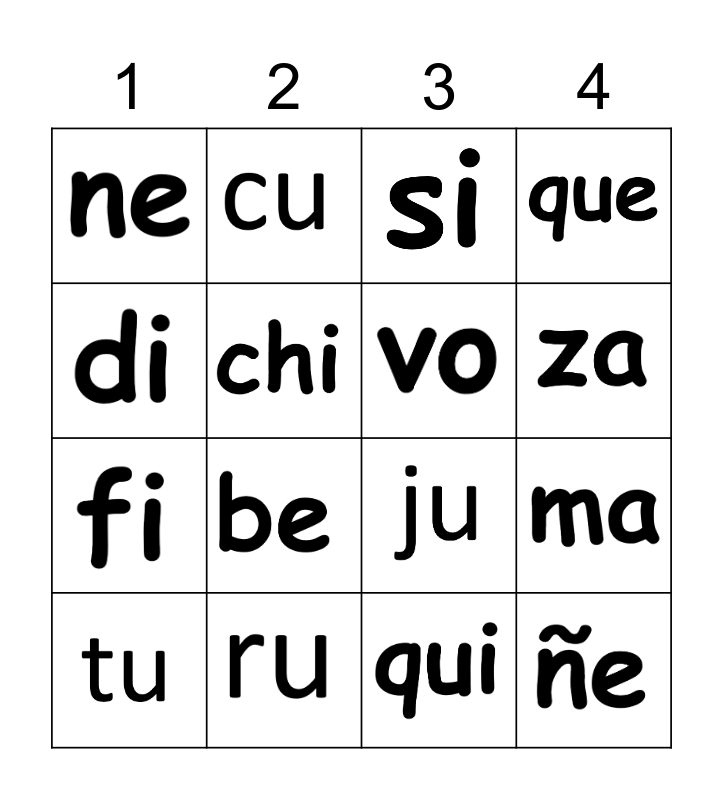 Sílabas A E I O U Bingo Card