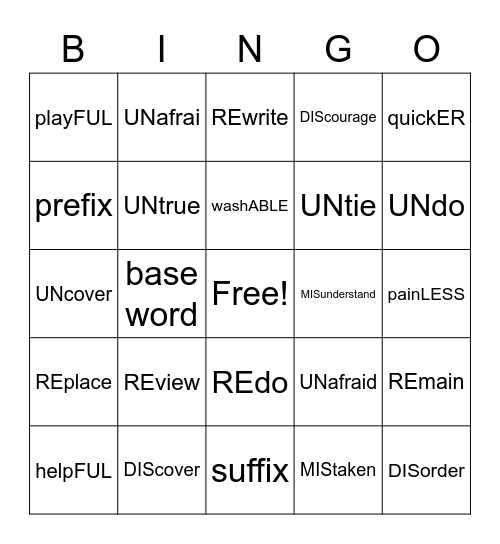 Prefix & Suffix Words Bingo Card