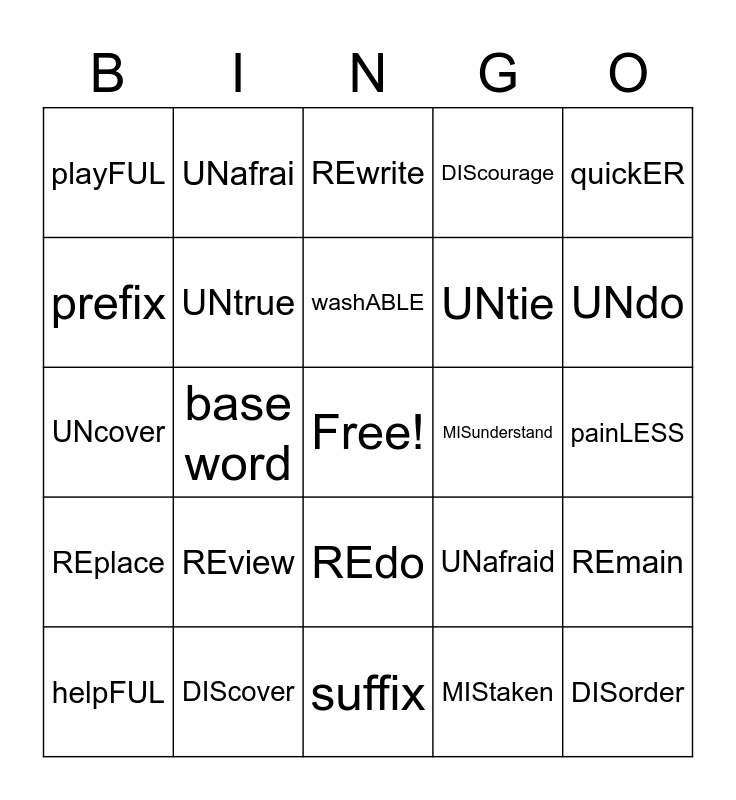 Prefix & Suffix Words Bingo Card