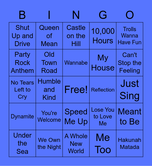 Virtual Song Bingo 7 Bingo Card
