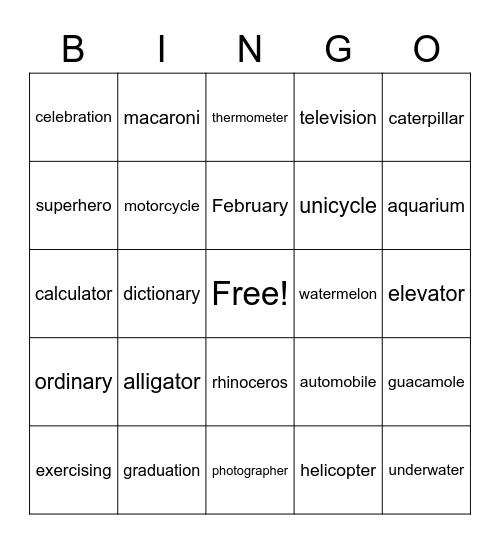 4 Syllable Words Bingo Card 4 Syllable Words Bingo Card