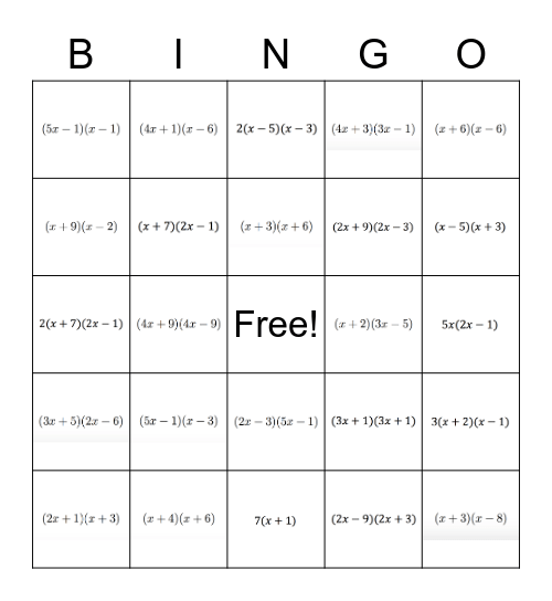P3 Factoring Polynomial Bingo Card